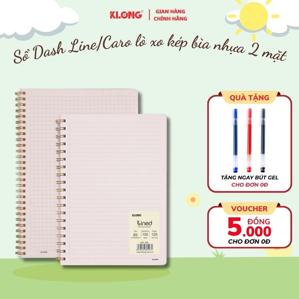 Sổ lò xo Klong Dash Line/Caro B5 sổ lò xo kép bìa nhựa 2 mặt, 120/200 trang 100gsm 596 597 584 ...