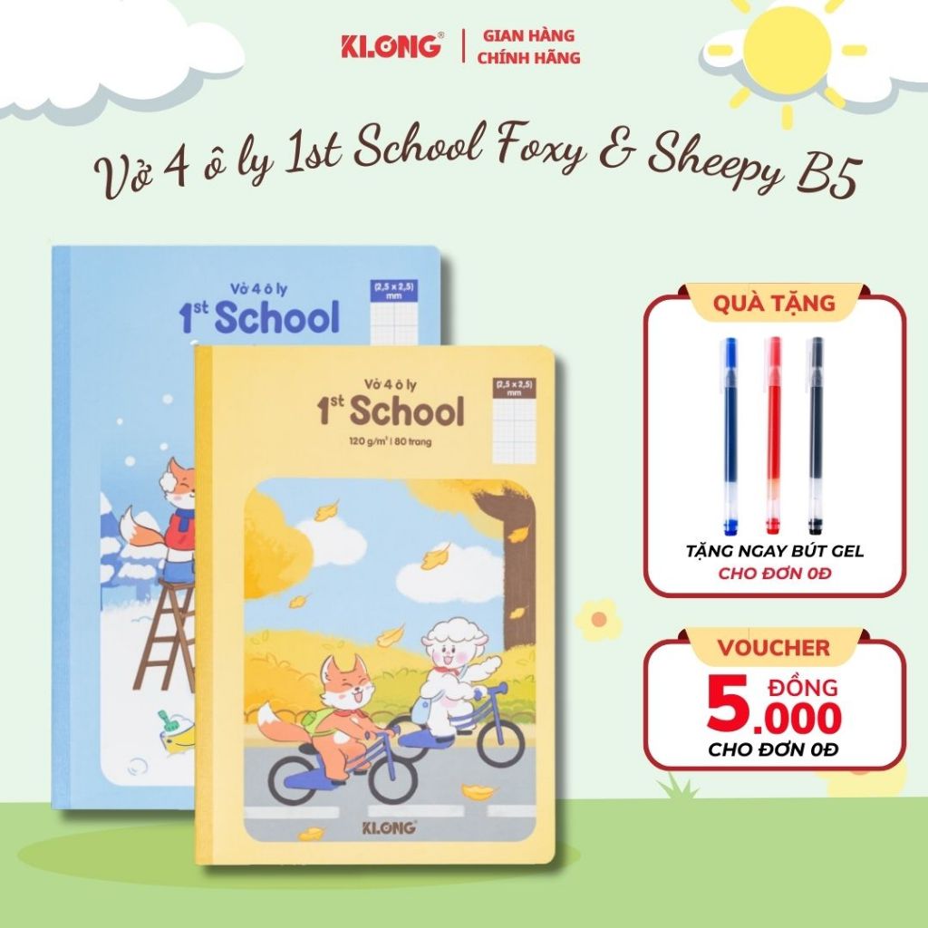 Vở 5 ô ly Klong 1st School B5, 48/80 trang, giấy trắng mịn, bìa cứng, may dán chắc chắn 078 079 ...