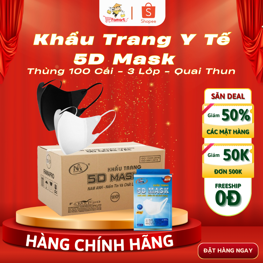 Khẩu trang 5D Mask Famapro, Thùng/100cái, 3 lớp kháng khuẩn - Hàng ...