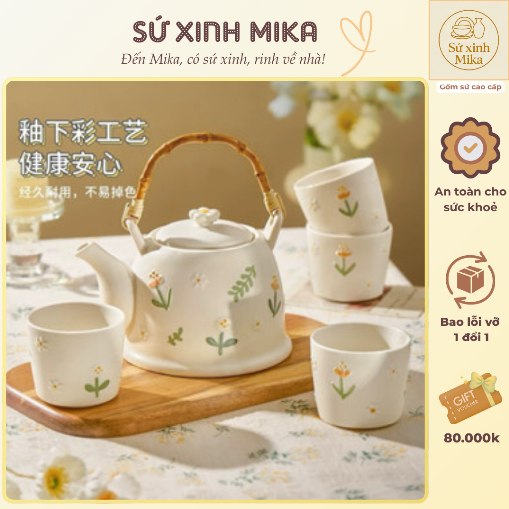Bộ ấm cốc uống nước ấm trà gốm sứ hoa cúc daisy men khô tặng tân gia ...