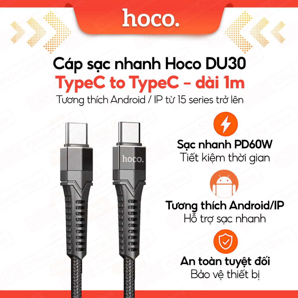 Cáp sạc nhanh và truyền dữ liệu PD60W Type-C to Type-C Hoco DU30 dùng ...