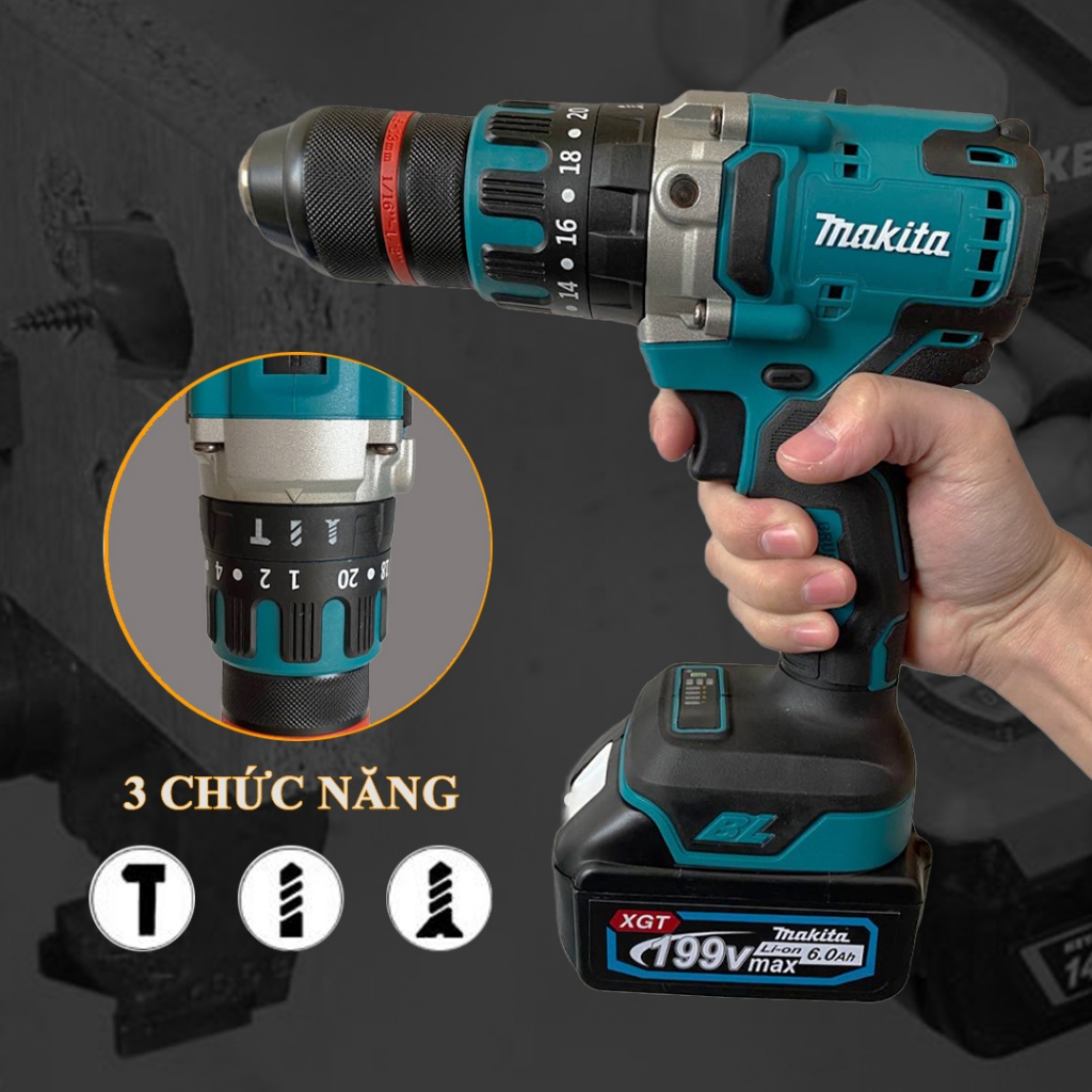Máy khoan Pin Makita cầm tay 199V - Hàng Lõi Đồng- KHÔNG CHỔI THAN, Khoan 3 chức năng, Đầu Kẹp ...