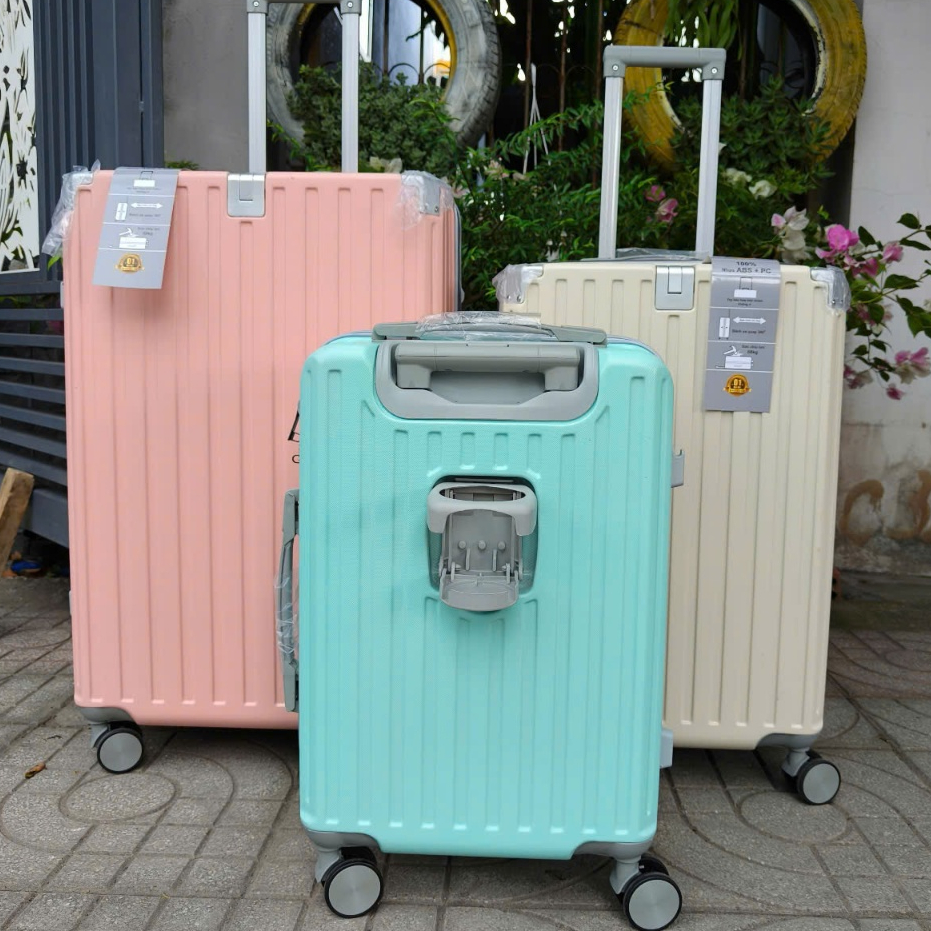 Vali du lịch VL06 bo góc kim loại có khay cốc để chai nước, nhựa ABS+PC ...