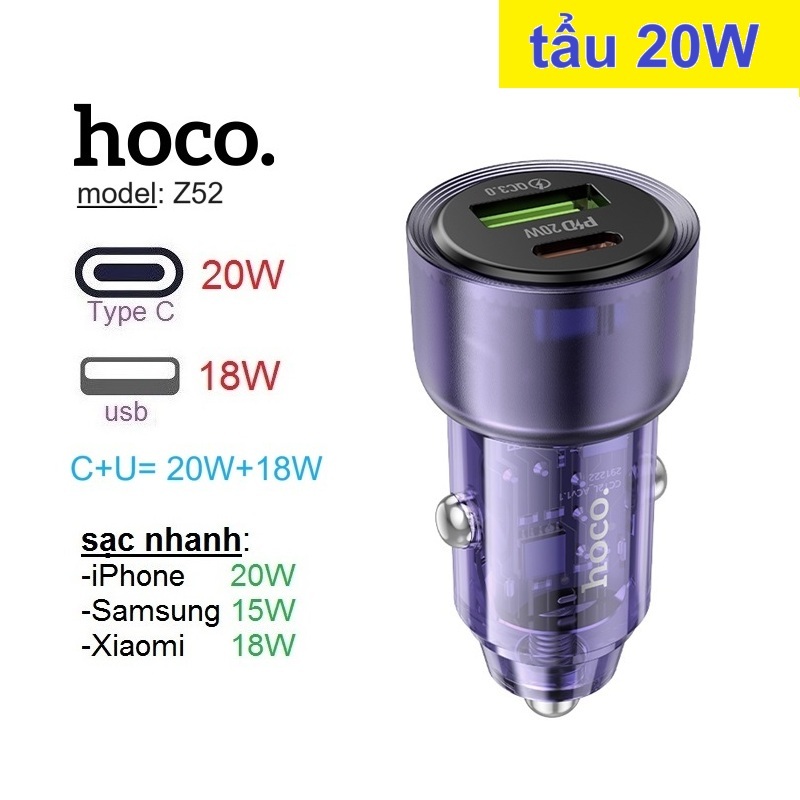 Tẩu sạc 20W (Type C + USB) Hoco Z52 sạc nhanh cho điện thoại Samsung/ iP/ Xiaomi | Shopee Việt Nam