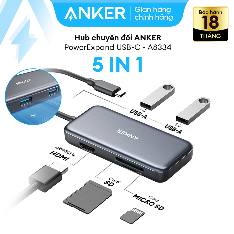 Hub chuyển đổi ANKER PowerExpand USB-C 5-in-1 | HDMI 4K30Hz / 2*USB-A 3.0 / khe cắm thẻ SD ...