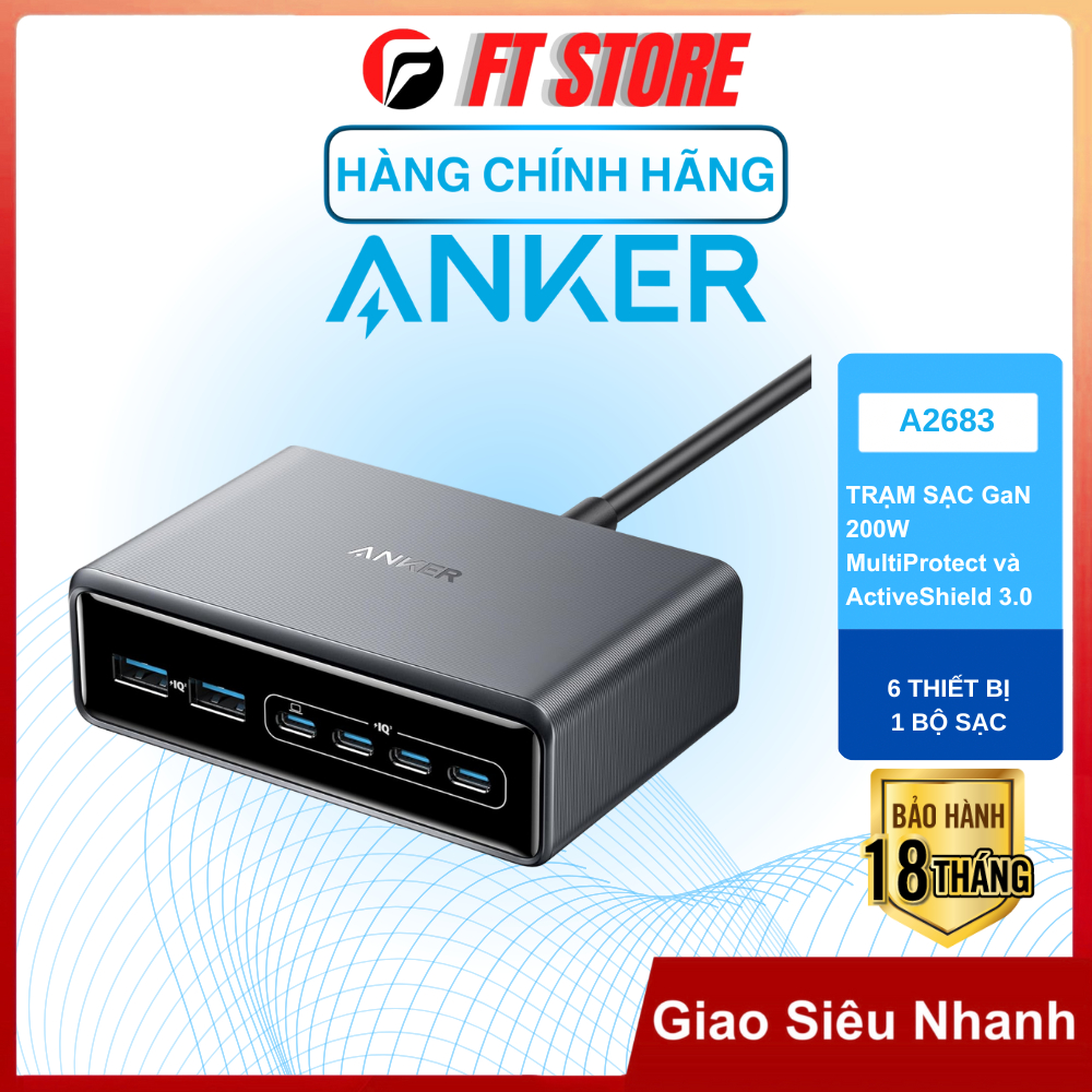Trạm sạc nhanh Anker Prime 200w GaN A2683, 6 cổng 4USB-C&2USB-A ...
