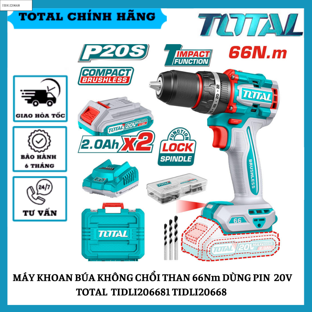 Máy khoan búa không chổi than 66Nm dùng pin TOTAL TIDLI206681 TIDLI20668 TIDLI20602 hàng chính ...