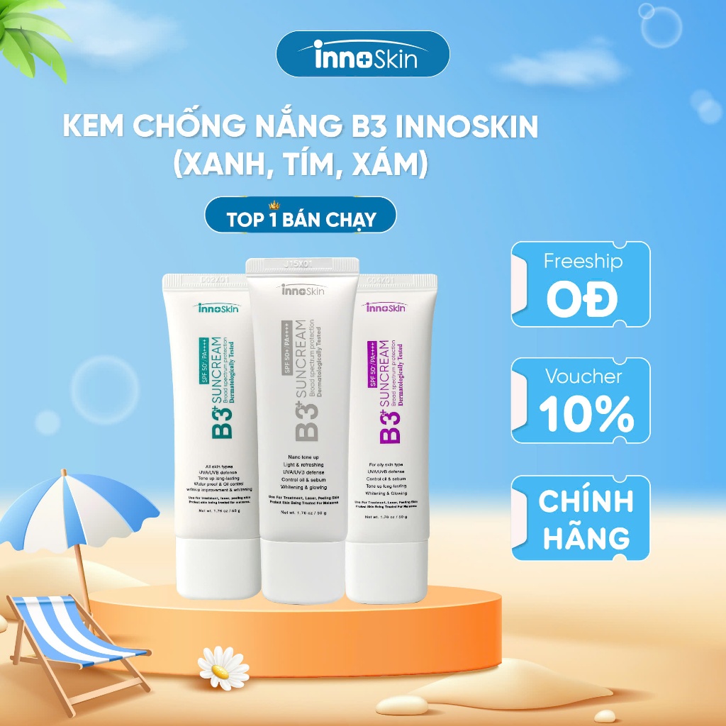 Kem Chống Nắng Phổ Rộng Hàn Quốc Innoskin B3 Suncream SPF50+ PA++++ 9 Màng Lọc, Tone Up, Dưỡng ...