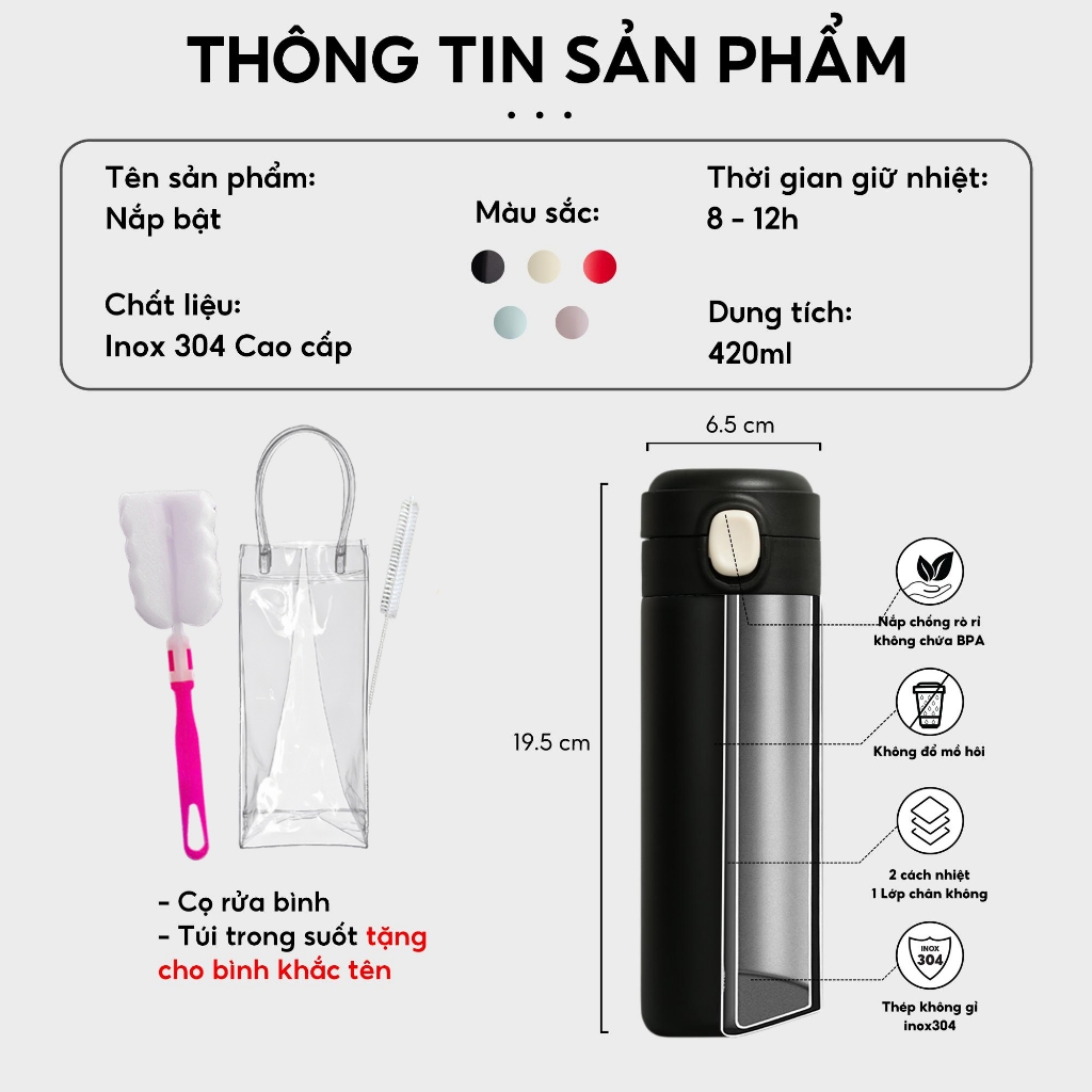 Bình giữ nhiệt Easy Cup khắc tên 420ml bình nước giữ nhiệt Fan House inox 304 hiển thị nhiệt độ ...