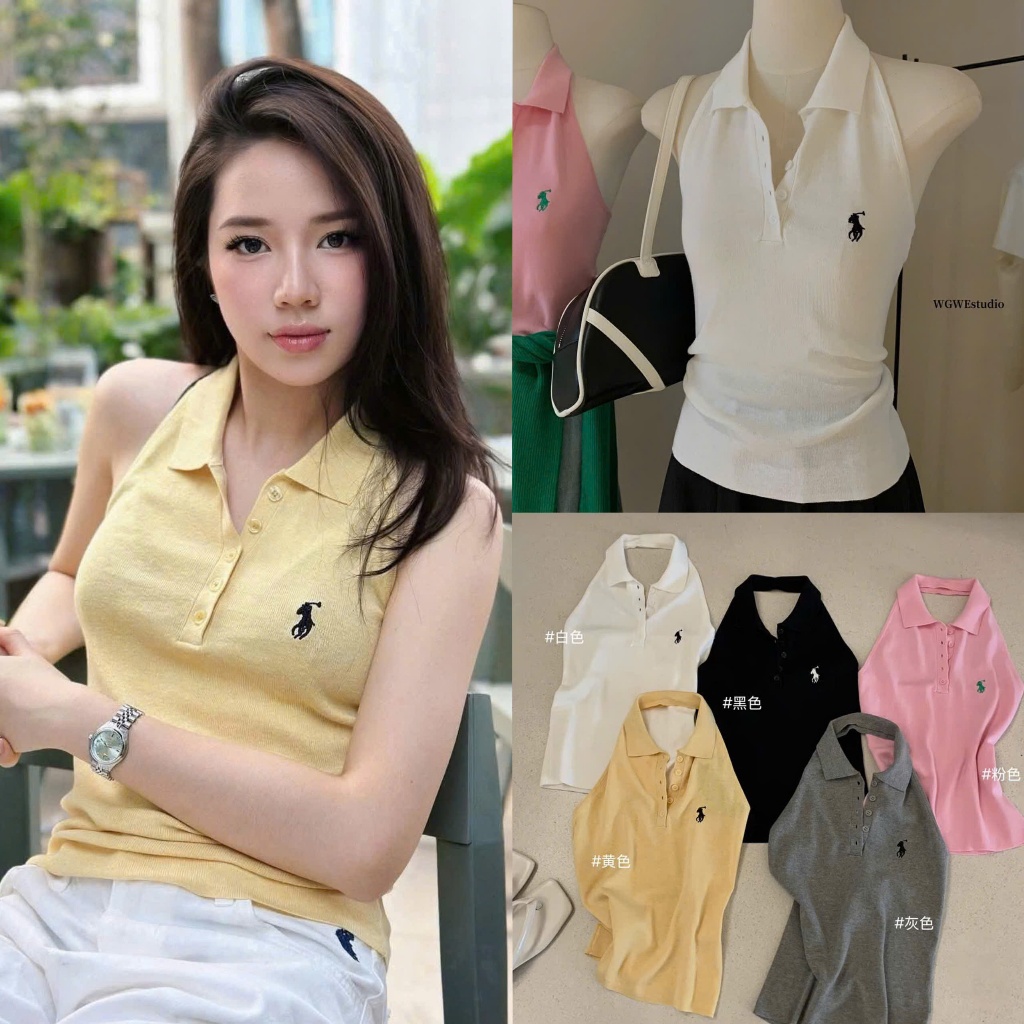 [SẴN 5 MÀU - WGWE] Áo polo nữ dây cổ yếm thêu ngựa hở lưng tôn dáng hợp ...