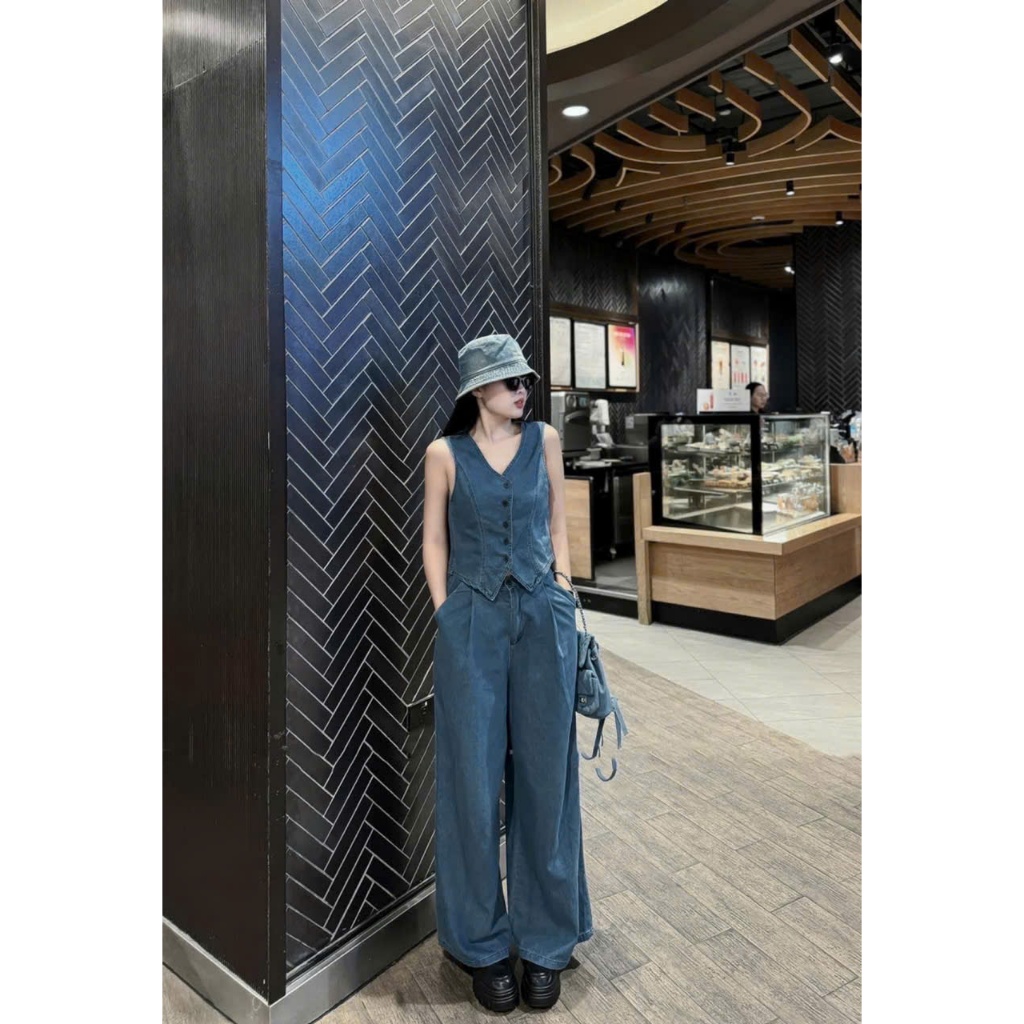 P189 - Set jean vest ghile cổ V kèm quần ống rộng dài phong cách mùa hè mới trendy | Shopee Việt Nam