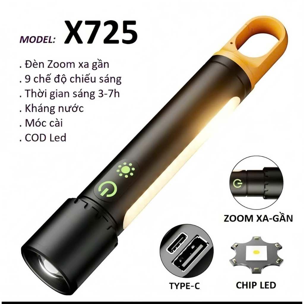 Đèn Pin X725 Thời Gian Sáng 3h đến 7h, Zoom xa gần, cod led -9 chế độ sáng - kháng nước | Shopee ...