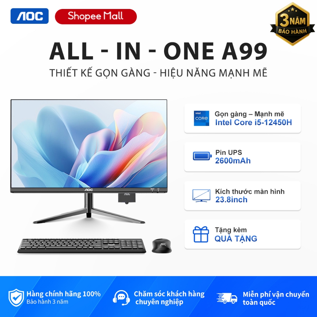 Máy tính All In One AOC A99 i5 - 12450H 16GB 512GB SSD Màn hình 23.8 Inch Pin UPS tháo rời ...