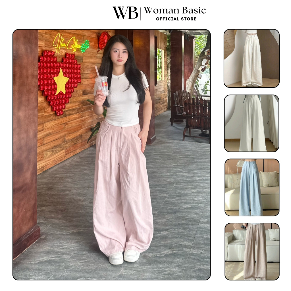 Quần dài nữ ống rộng cạp chun phối khuy chất lụa băng QD24, Quần dài nữ nhiều màu xếp ly bigsize ...