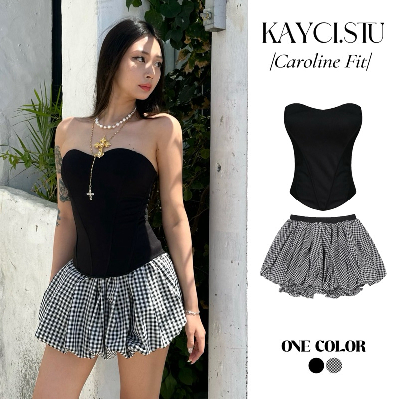 [ CAROLINE FIT ] Set Áo Croset Cúp Ngực Vạt Bầu và Chân Váy Bí Kẻ Caro ...