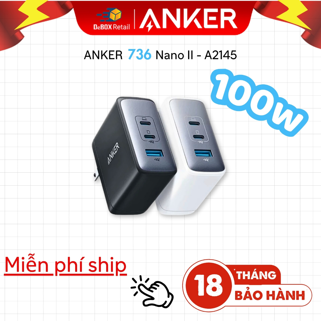 Củ Sạc Nhanh ANKER 736 Nano II 100W 3 Cổng 2USB-C & 1USB Sạc 3 thiết bị ...