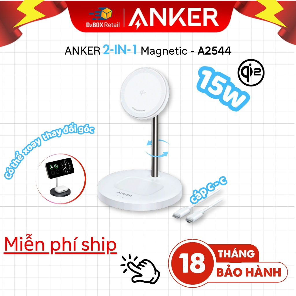 Đế sạc Nhanh Không Dây Hít Từ Tính ANKER MagGo Qi2 15W (2-in-1,Adapter and USB-C cable) - A2544 ...