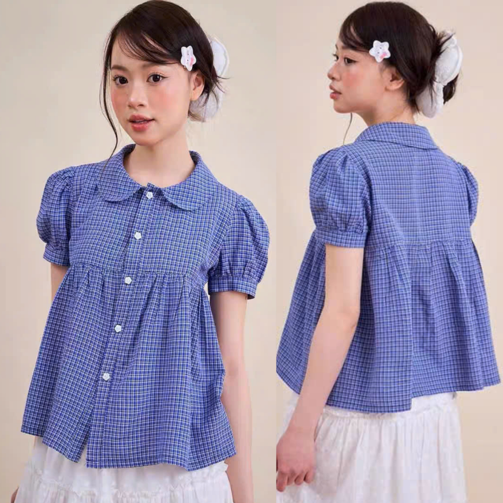Áo Babydoll Kẻ Caro Cổ Sen Tay Bồng Chất Thô Cotton, Áo Sơ Mi Nữ Kiểu ...