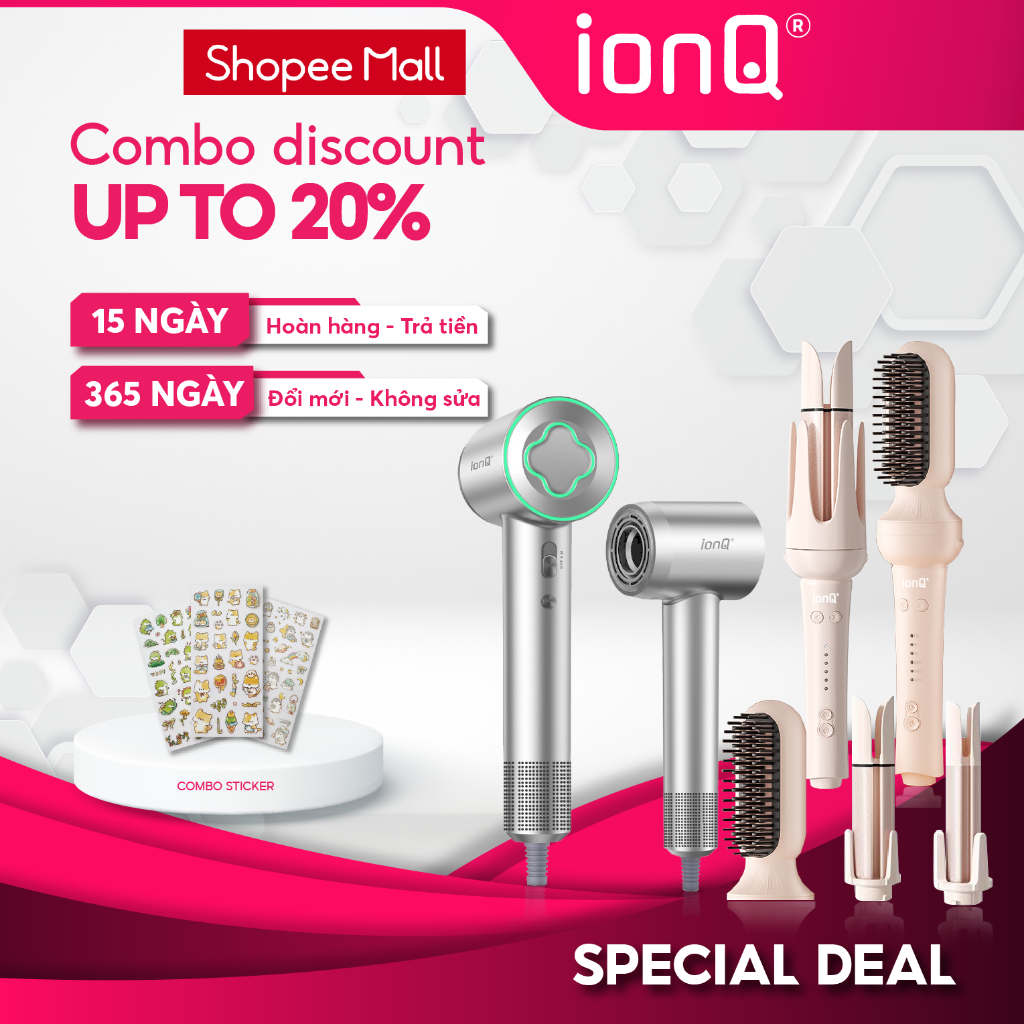 Combo máy sấy tóc ionQ Clover 500 triệu ion âm và Máy uốn tóc tự động ionQ Wavy 2 đầu uốn 32mm ...
