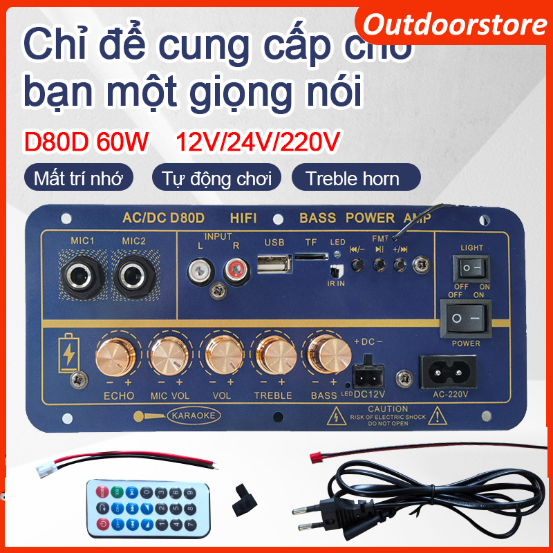 Mạch loa D80D Bluetooth 5.0 hát Karaoke công suất lớn 120W, 12V/24V/220V lắp loa kéo (với đủ phụ ...