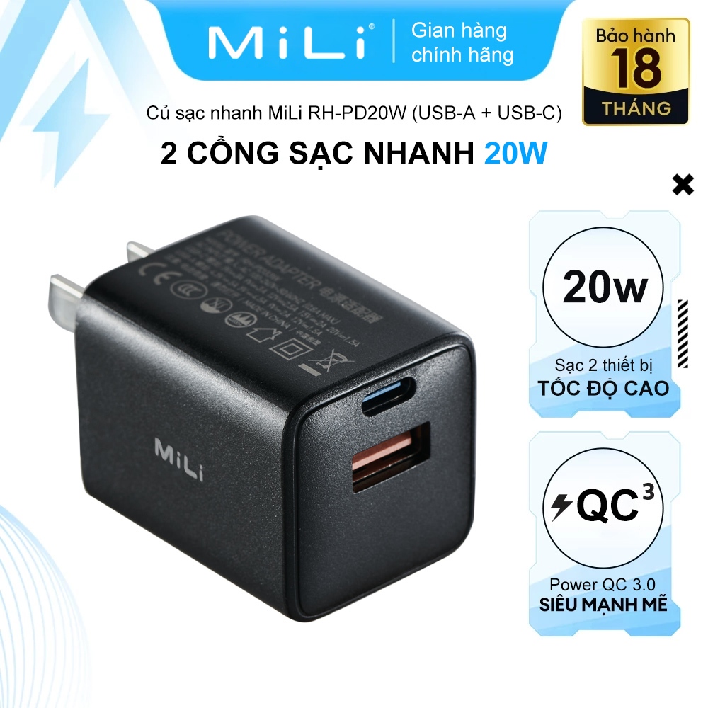 Củ Sạc Nhanh MiLi PD Công Suất 20W - 2 Cổng 1 USB-A & 1USB-C - 100% Hàng Mới Và Chính Hãng ...