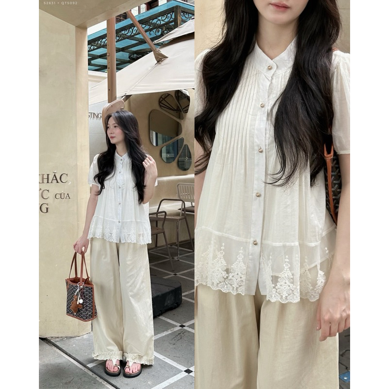 [Steezy] Áo sơ mi tơ 2 lớp baby doll cổ tàu nhún ly ngực phối vạt ren form rộng, áo sơ mi tơ mùa ...