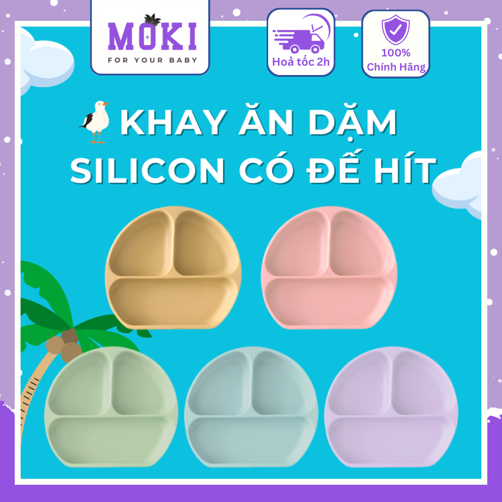Khay ăn dặm bằng silicon 3 ngăn có đế hít an toàn tiện lợi cho bé Moki Store A455 | Shopee Việt Nam