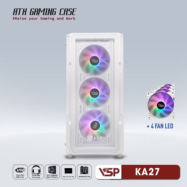 VỎ CASE MÁY TÍNH VSP GAMING KA27- Trắng + 4Fans Led | Shopee Việt Nam
