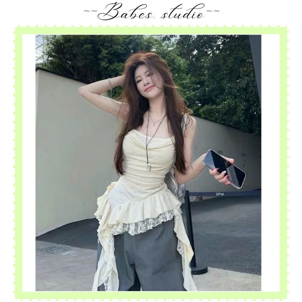 Áo hai dây phối ren nhún dây bèo dài cho nữ ôm body quyến rũ phong cách Hàn Quốc Babes.studio ...