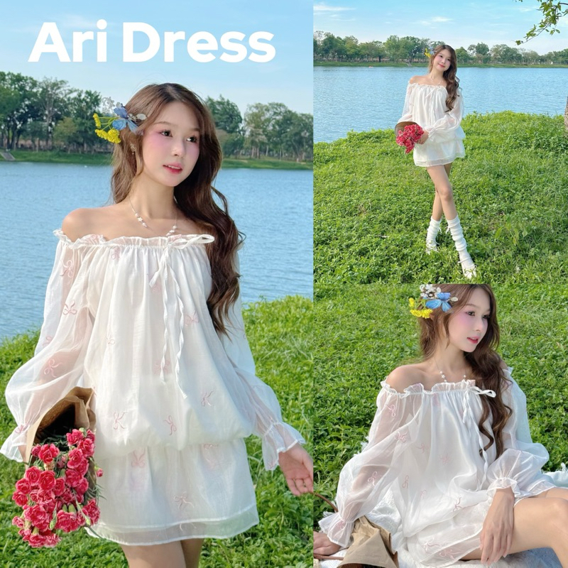 (DEAL MỞ BÁN) ARI DRESS- Váy trễ vai viền điệu hoạ tiết thêu nơ ...