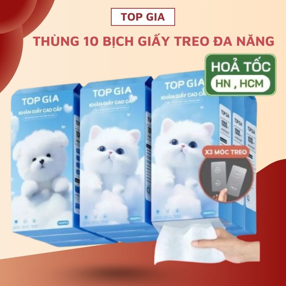 Thùng 10 bịch giấy treo đa năng GiaGia Top Gia, Khăn rút vệ sinh treo tường 4 lớp, bịch 1000 tờ ...