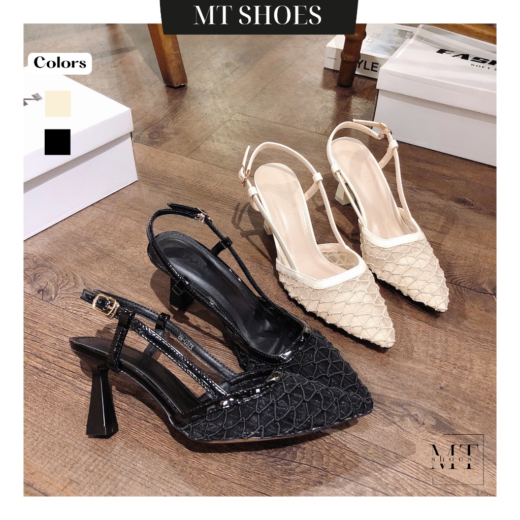 Giày Cao Gót Bít Mũi Slingback Cao 7cm Chất Ren Lưới Thời Trang Form ...