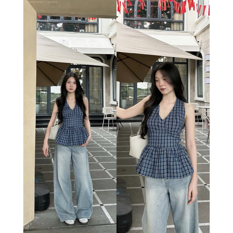 [Steezy] Áo sơ mi kẻ cổ yếm thắt nơ sau lưng vạt nhún xòe form ôm, áo sơ mi yếm mùa hè cho nữ ...