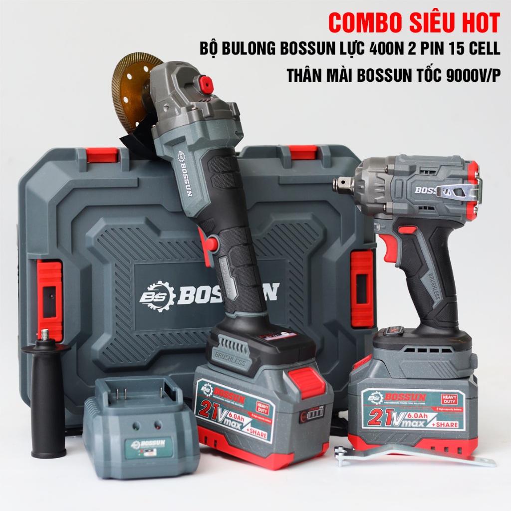 COMBO MÁY SIẾT BULONG + MÁY MÀI PIN BOSSUN M21B-AG100PRO, KHÔNG CHỔI ...