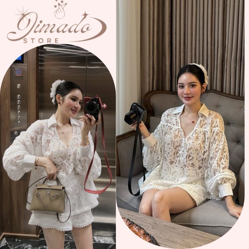 set đồ nữ, áo sơ mi nữ kiểu ren 2 lớp cổ tym phối chân váy ngắn cạp ...