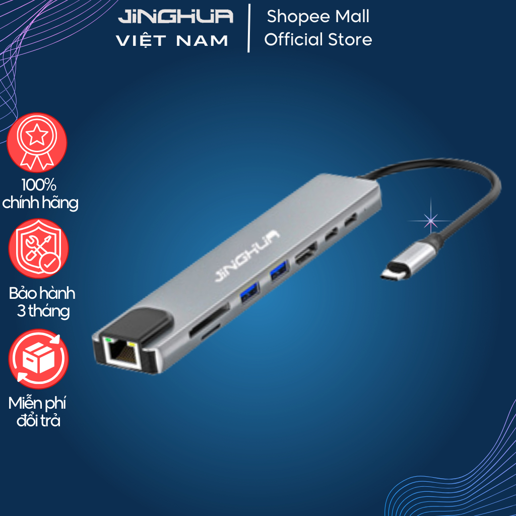 Hub TypeC 8 In 1 JINGHUA JH-N830, Cổng Lan Rj45, HDMI 4K, USB 3.0, Thẻ Nhớ SD/TF, Dùng Cho ...