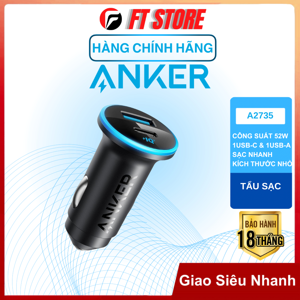 Tẩu sạc nhanh Anker A2735, công suất 52W, 1USB-C&1USB-A, ActiveShield 2.0, sạc nhanh, nhỏ gọn ...