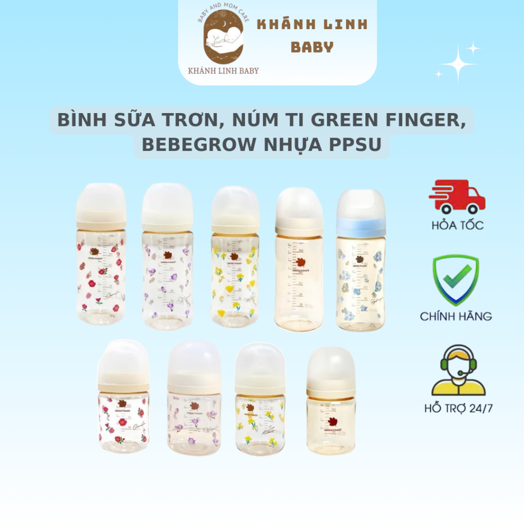 [full mẫu] Bình sữa trơn, hoạ tiết/ núm ti GREEN FINGER, BEBEGROW Nhựa PPSU nội địa HQ 160ml ...