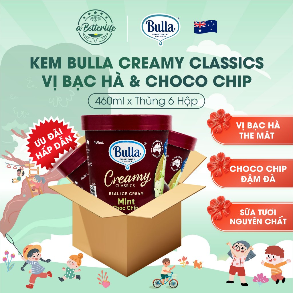 Thùng 6 hộp kem Úc Bulla Creamy Classics 460ml mix 4 vị 2 choco chip, 1 ...