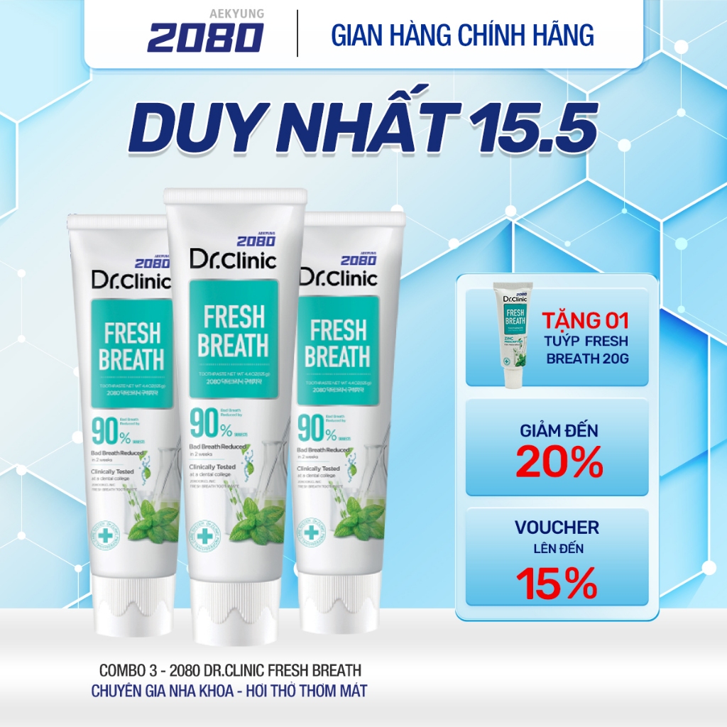 Combo Kem Đánh Răng Trắng Răng Thơm Miệng 2080 Dr.Clinic Fresh Breath Cao Cấp Hàn Quốc 125g*3 ...