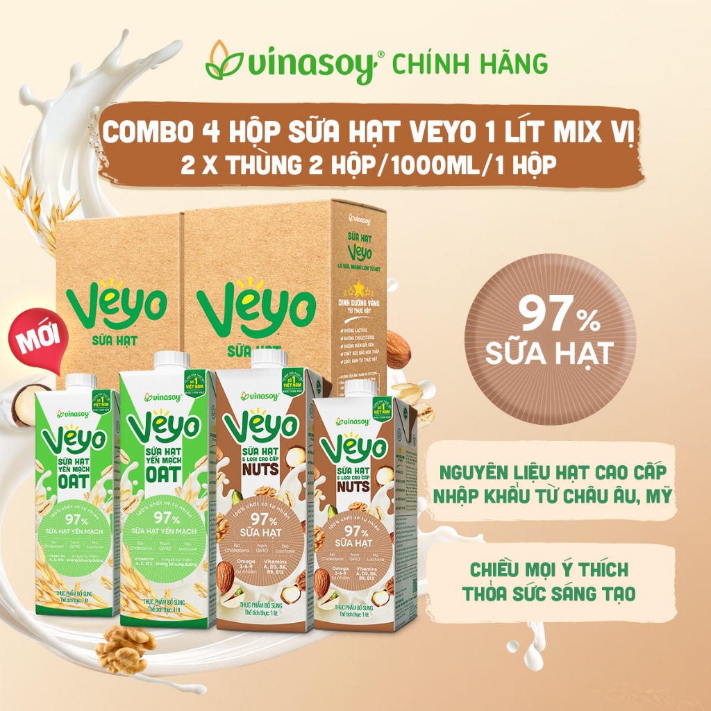 Combo 4 hộp sữa hạt Veyo 05 loại hạt cao cấp & Yến mạch (2 x 2 hộp combo 2 x 1 Lít) | Shopee ...