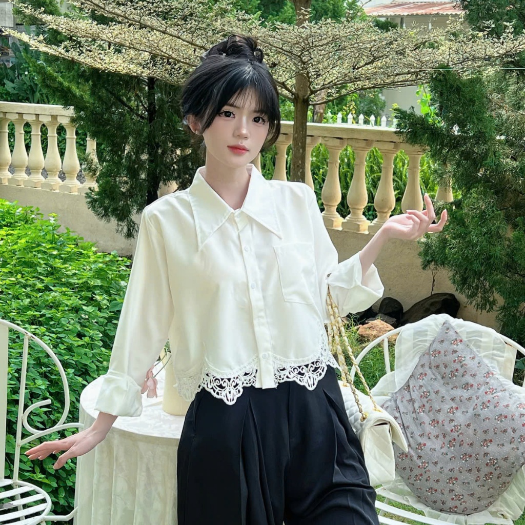 Áo Sơ Mi Nữ Phối Viền Ren, Sơ Mi Kiểu Nữ Dài Tay Xinh Xắn Hot Trend Phong Cách Hàn Quốc BRIYO ...