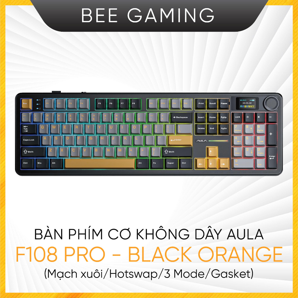 Bàn phím cơ không dây AULA F108 Pro - Black Orange (Hotswap / Led RGB ...