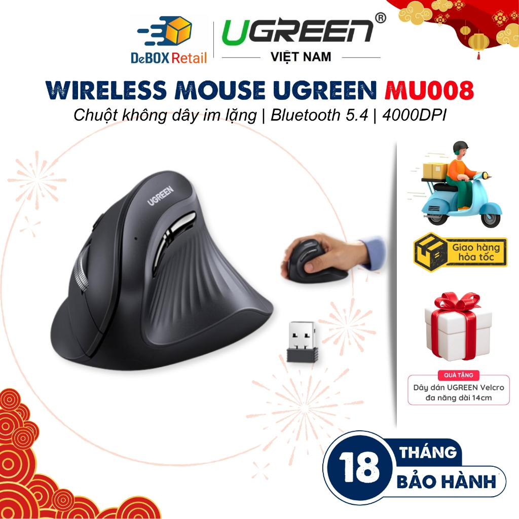 Chuột không dây dọc UGREEN MU008 Bluetooth 5.0+2.4G Chuột bấm im lặng ...