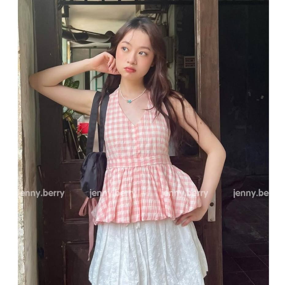 Mimi Top - Áo kiểu nữ áo yếm nữ áo hai dây nữ đuôi bí xòe kẻ hồng | Shopee Việt Nam