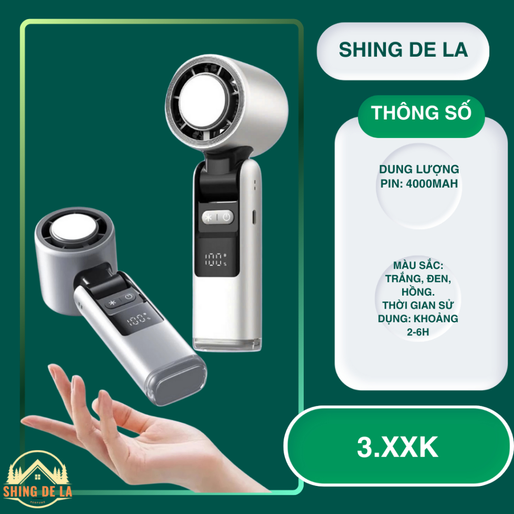 Quạt Mini Cầm Tay SHING DE LA Tích Điện, Pin 4000mAh,Có Sò Lạnh, Màn ...