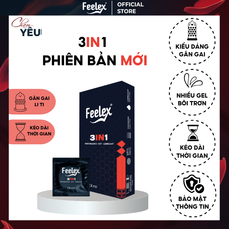 Bao cao su gai Feelex 3 in 1 gân gai, kéo dài thời gian, nhiều gel ...