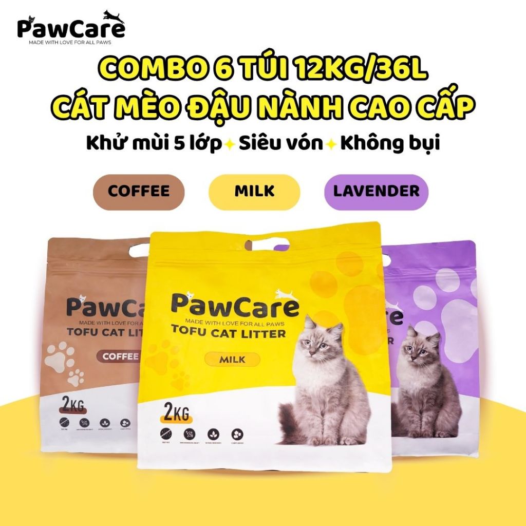 [DEAL HOT] Tải 6 túi cát mèo vệ sinh ĐẬU NÀNH PAWCARE 12Kg/36L - Nhiều mùi hương | Shopee Việt Nam