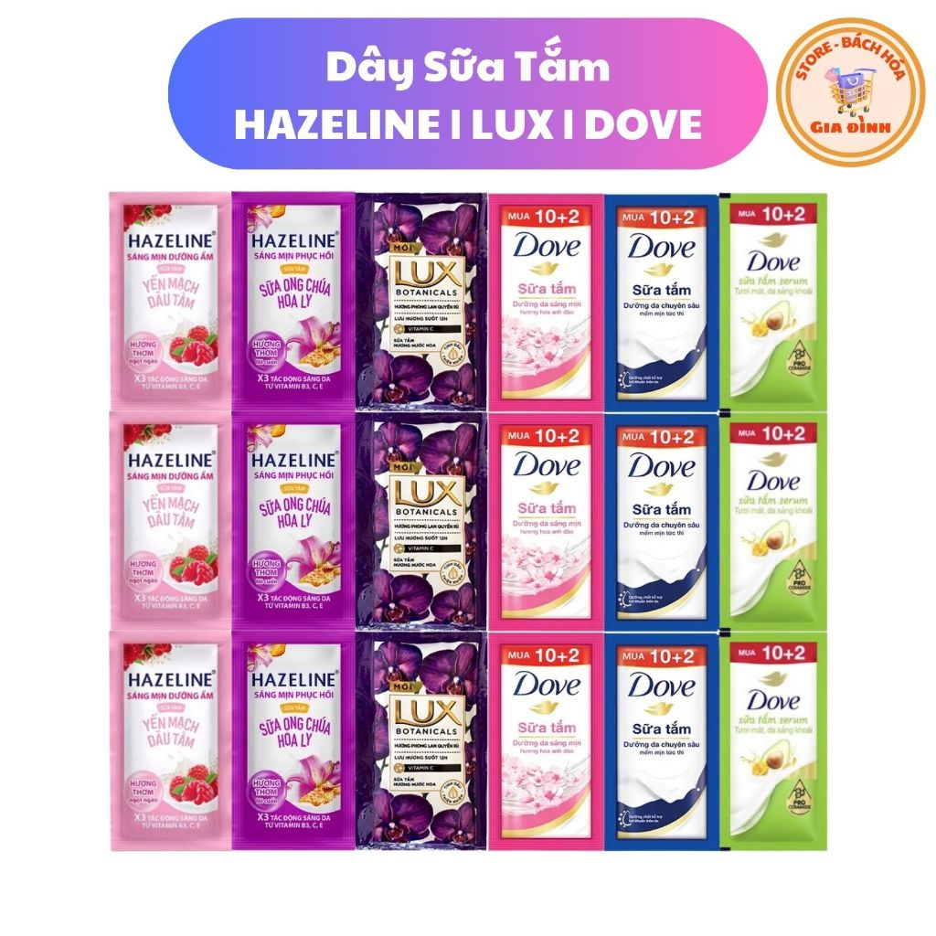 Dây Sữa Tắm Hazeline | Dove | Lux Sáng Da Tiện Lợi - Dây 12 Gói x 6G | Shopee Việt Nam