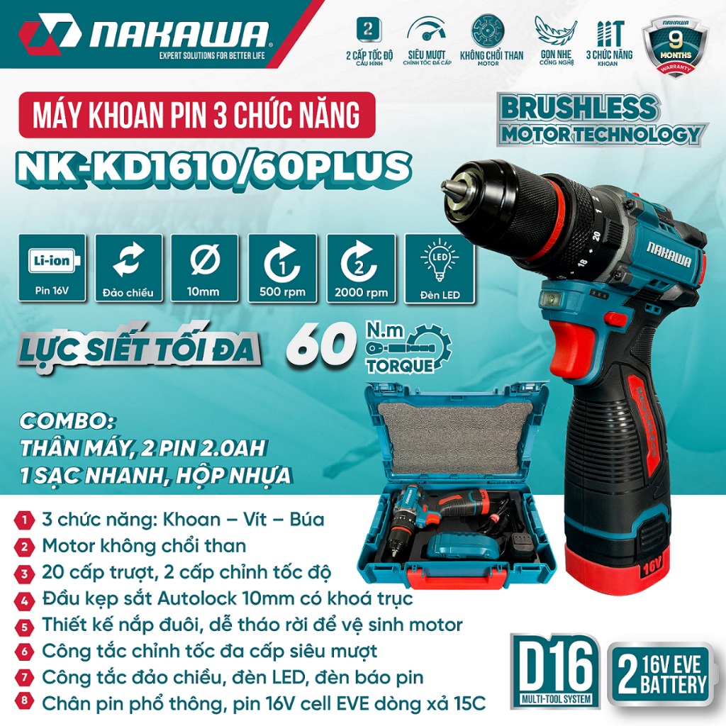 Máy khoan pin NAKAWA NK-KD1610/60PLUS không chổi than - 16V - 2 tốc độ - 3 chức năng - 60Nm lực ...